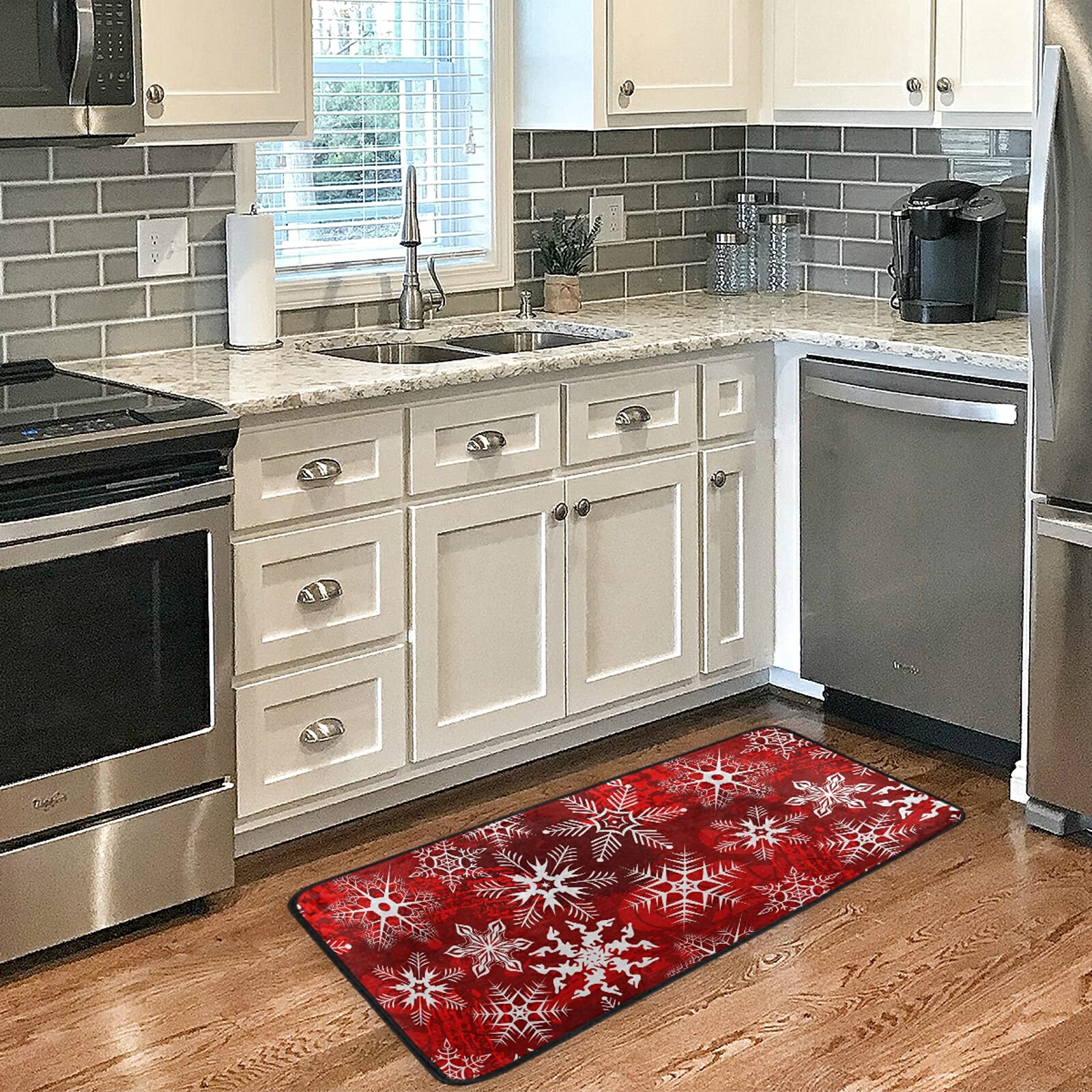 senya Christmas Rug Kitchen Rugs Runner Christmas Red Pattern with Snowflakes Flower Doormat Bath Rugs Non Slip Area Rugs for Bathroom Kitchen Indoor 39" X 20"