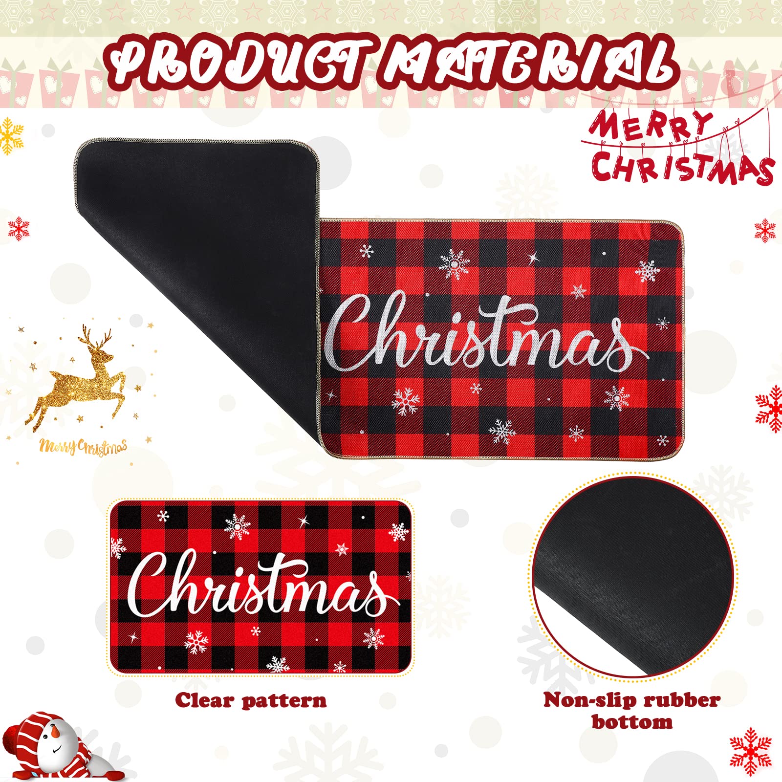 Christmas Kitchen Rugs Set of 2 Xmas Kitchen Mats Merry Christmas Mats Red Black Buffalo Plaid Doormat Christmas Non Slip Backing Floor Mat Xmas Door Mat for Home Kitchen Door Bathroom (Snowflakes)