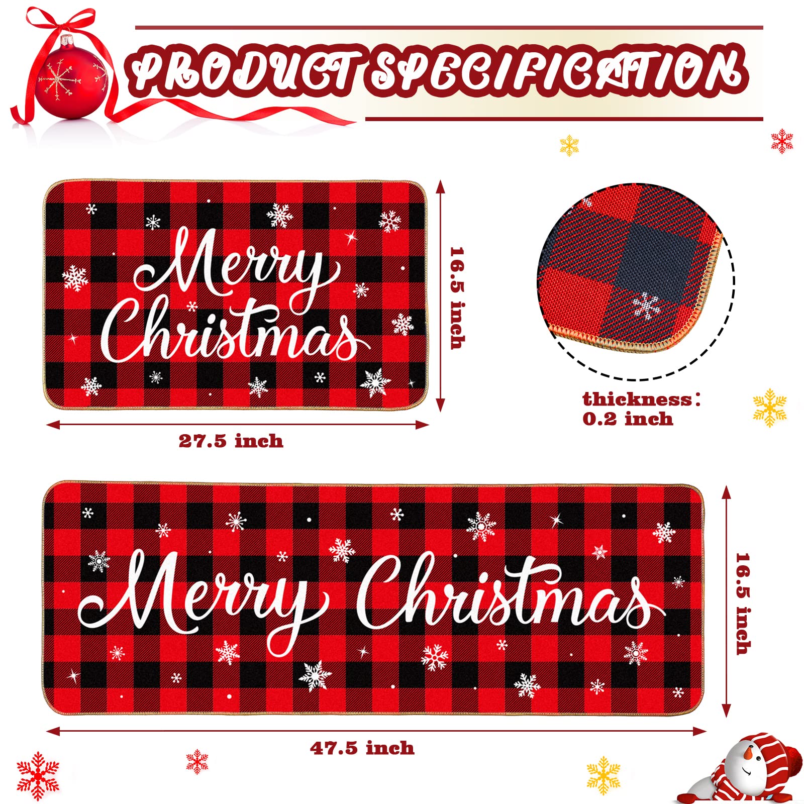 Christmas Kitchen Rugs Set of 2 Xmas Kitchen Mats Merry Christmas Mats Red Black Buffalo Plaid Doormat Christmas Non Slip Backing Floor Mat Xmas Door Mat for Home Kitchen Door Bathroom (Snowflakes)