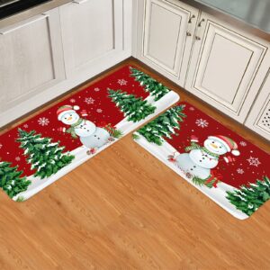 snowman christmas kitchen mats sets 2 piece, xmas snowman tree snowflake red background kitchen rugs and mats non-slip washable runner carpets for christmas decorations, 15.7" x 23.6" + 15.7" x 47.6"