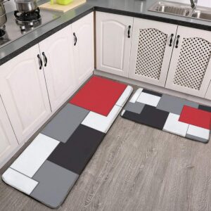 2 pcs kitchen rugs and mats set block red black gray white color soft flanne non slip kitchen mats and rugs for kitchen, floor home, office, sink, laundry