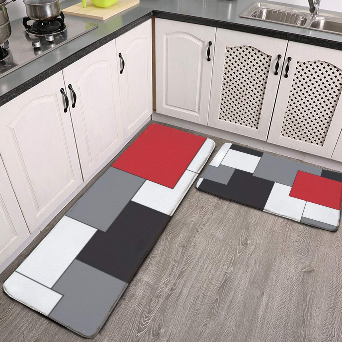 2 Pcs Kitchen Rugs and Mats Set Block Red Black Gray White Color Soft Flanne Non Slip Kitchen Mats and Rugs for Kitchen, Floor Home, Office, Sink, Laundry