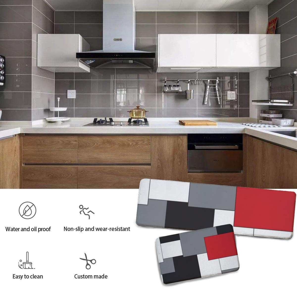 2 Pcs Kitchen Rugs and Mats Set Block Red Black Gray White Color Soft Flanne Non Slip Kitchen Mats and Rugs for Kitchen, Floor Home, Office, Sink, Laundry