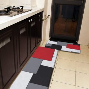 2 Pcs Kitchen Rugs and Mats Set Block Red Black Gray White Color Soft Flanne Non Slip Kitchen Mats and Rugs for Kitchen, Floor Home, Office, Sink, Laundry