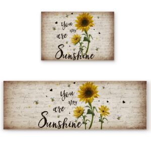 rugs set 2 piece kitchen rugs, taupe you are my sunshine sunflower retro letter soft waterproof non-slip rubber backing floor mats doormat bathroom runner area rug carpet, 15.7x23.6in + 15.7x47.2in