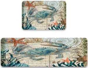 kitchen rug set of 2 pieces crab underwater starfish retro map submarine nautical coastal ocean animal comfort floor mats washable doormat anti fatigue non-slip runner rugs bedroom area carpet