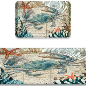 Kitchen Rug Set of 2 Pieces Crab Underwater Starfish Retro Map Submarine Nautical Coastal Ocean Animal Comfort Floor Mats Washable Doormat Anti Fatigue Non-Slip Runner Rugs Bedroom Area Carpet