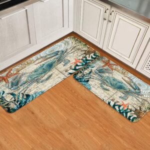 Kitchen Rug Set of 2 Pieces Crab Underwater Starfish Retro Map Submarine Nautical Coastal Ocean Animal Comfort Floor Mats Washable Doormat Anti Fatigue Non-Slip Runner Rugs Bedroom Area Carpet