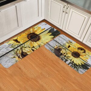 sunflower kitchen mats cushioned anti fatigue 2 piece set non skid waterproof kitchen floor mats, standing kitchen mat sunflowers on the rustic wooden board