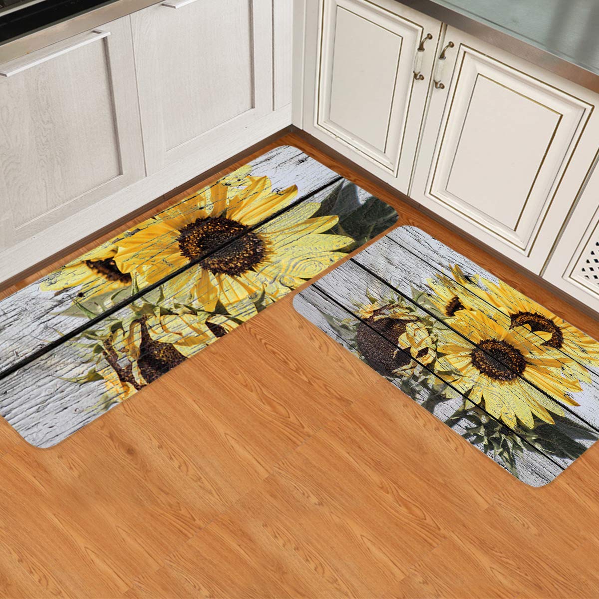 Sunflower Kitchen Mats Cushioned Anti Fatigue 2 Piece Set Non Skid Waterproof Kitchen Floor Mats, Standing Kitchen Mat Sunflowers on The Rustic Wooden Board