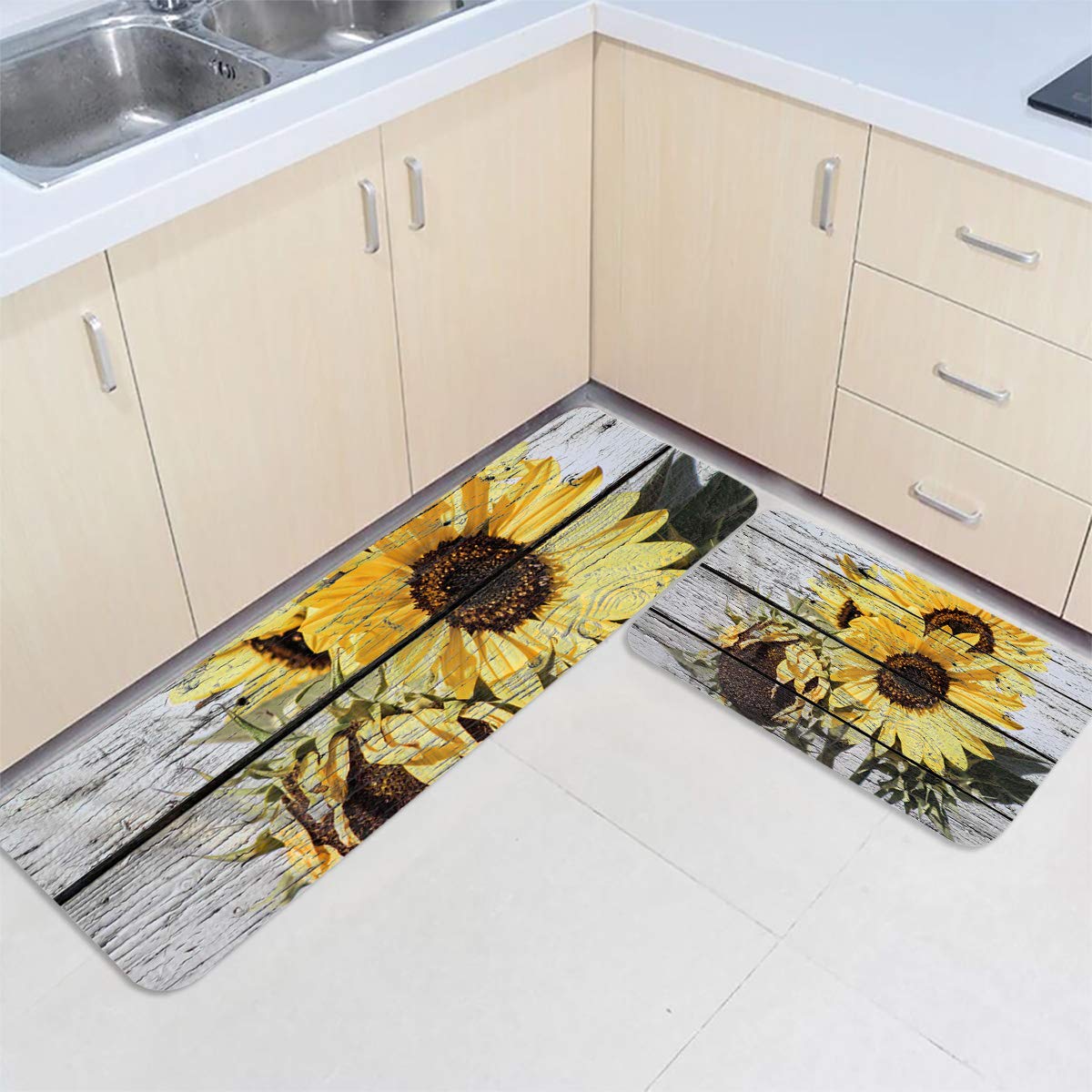 Sunflower Kitchen Mats Cushioned Anti Fatigue 2 Piece Set Non Skid Waterproof Kitchen Floor Mats, Standing Kitchen Mat Sunflowers on The Rustic Wooden Board