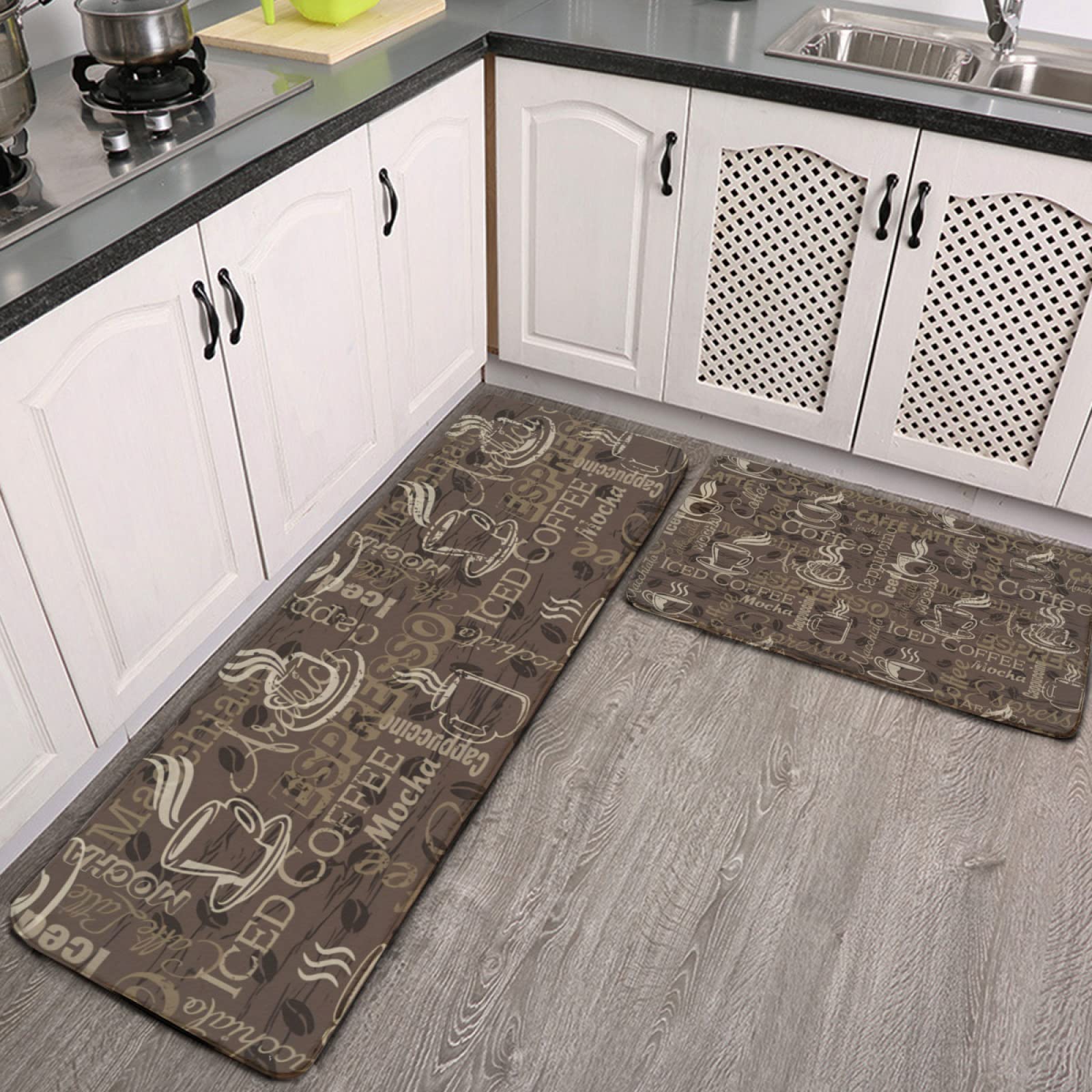 rocxemly Coffee Kitchen Mat Set of 2 Kitchen Rug Sets 17 inches x48 inches +17 inches x24 inches Comfort Standing Mats Waterproof Stain Resistance Non Slip Kitchen Carpet