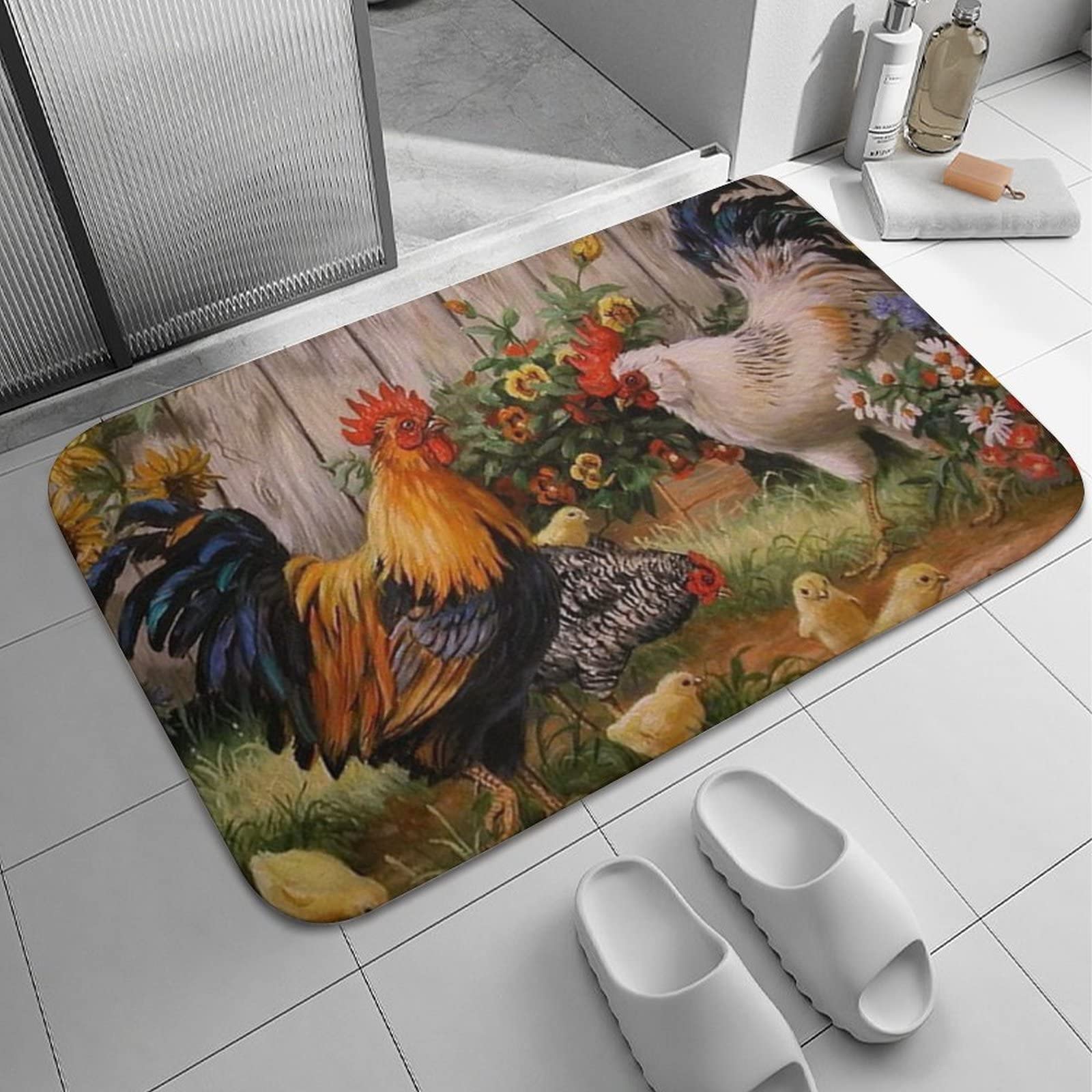 apular Rooster Hens Chicks Bath Rugs Absorbent Non Slip Door Mats Soft Carpet Washable Doormat for Kitchen Bathroom Entry Way Decor Accessories 16x24 Inch