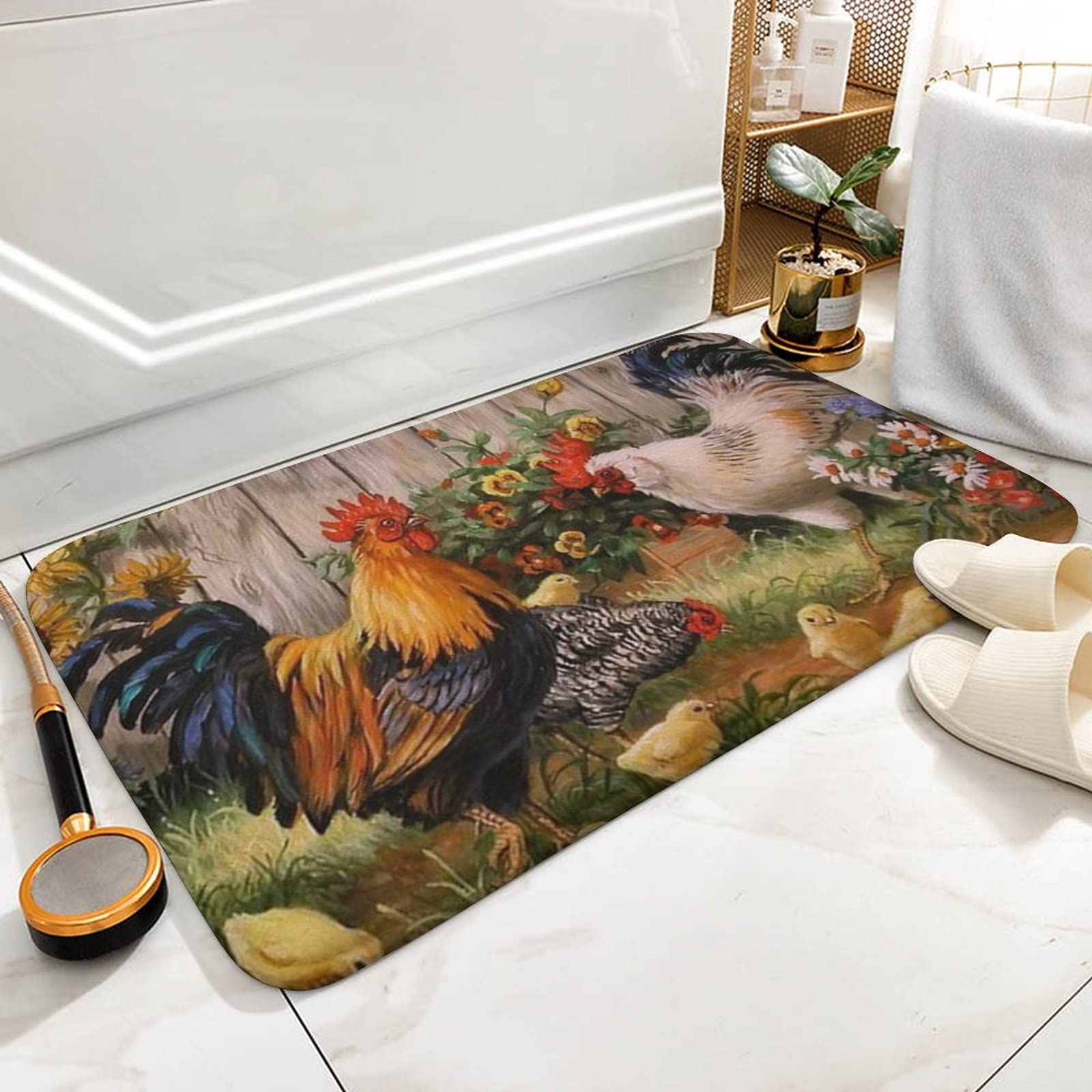 apular Rooster Hens Chicks Bath Rugs Absorbent Non Slip Door Mats Soft Carpet Washable Doormat for Kitchen Bathroom Entry Way Decor Accessories 16x24 Inch