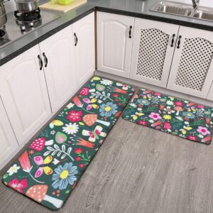 mushroom decor kitchen mats set of 2 home decor rug cute flowers mushrooms floor rug anti-fatigue rugs waterproof non-skid for farmhouse kitchen room sinks laundry decor vintage 17"x 47"+17"x 24"