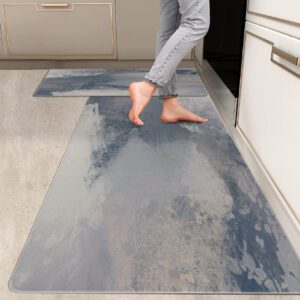 ryanza 2 pieces kitchen rugs, abstract anti fatigue non slip foam cushioned gray grey art modern graffiti comfort indoor floor mat runner rug set for laundry office sink bathroom (17"x48"+17"x24")