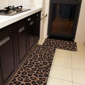 YouTary Cool Cheetah Leopard Pattern Kitchen Rug Set 2 PCS Floor Mats Washable Non-Slip Soft Flannel Runner Rug Doormat Carpet for Kitchen Bathroom Laundry