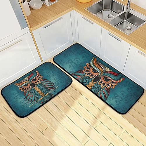 BOENLE Dark Colored Owl Kitchen Rugs and Mats Non Skid Washable Kitchen Rug Set 2 Piece Carpet Ergonomic Comfort Standing Mat for Kitchen,Bathroom, Laundry