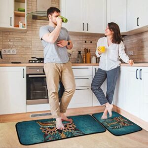 BOENLE Dark Colored Owl Kitchen Rugs and Mats Non Skid Washable Kitchen Rug Set 2 Piece Carpet Ergonomic Comfort Standing Mat for Kitchen,Bathroom, Laundry