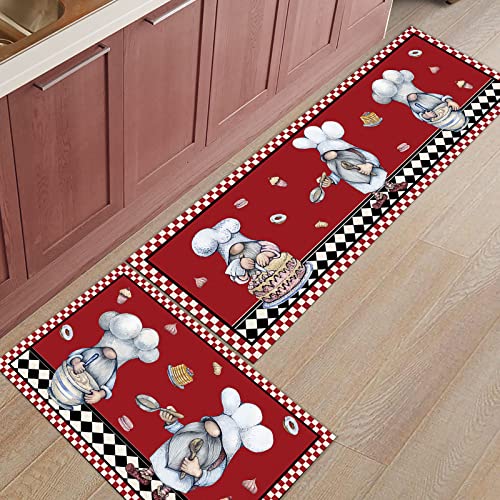 Cook Kitchen Rugs Set of 2, Gnome Pastry Chef with Cake Dessert in the Kitchen Absorbent Soft Kitchen Floor Mat, Non Slip Anti Fatigue Kitchen Mat Doormat Runner Set for Floor, Office, Sink, Laundry,