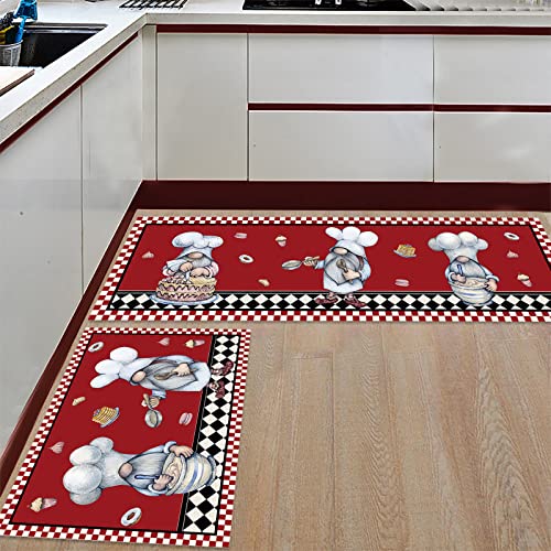 Cook Kitchen Rugs Set of 2, Gnome Pastry Chef with Cake Dessert in the Kitchen Absorbent Soft Kitchen Floor Mat, Non Slip Anti Fatigue Kitchen Mat Doormat Runner Set for Floor, Office, Sink, Laundry,