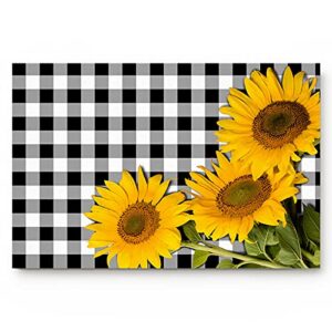 farm sunflowers on black and white buffalo check plaid, bathroom shower mat doormat non slip,floor rug absorbent carpets floor mat home decor for kitchen bedroom rug, 16"x 24"