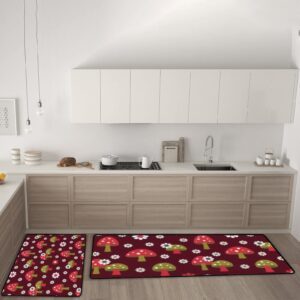 kuizee kitchen mat set of 2 pieces anti fatigue rugs mushrooms daisy retro dark red soft water absorbent non-slip standing mats kitchen decor floor,17.7"x 29" +17.7"x58"