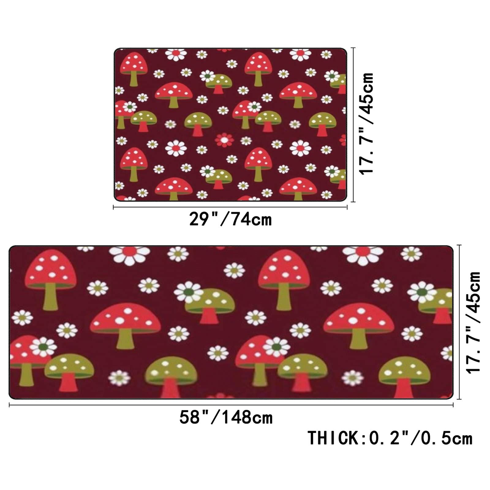 Kuizee Kitchen Mat Set of 2 Pieces Anti Fatigue Rugs Mushrooms Daisy Retro Dark Red Soft Water Absorbent Non-Slip Standing Mats Kitchen Decor Floor,17.7"x 29" +17.7"x58"