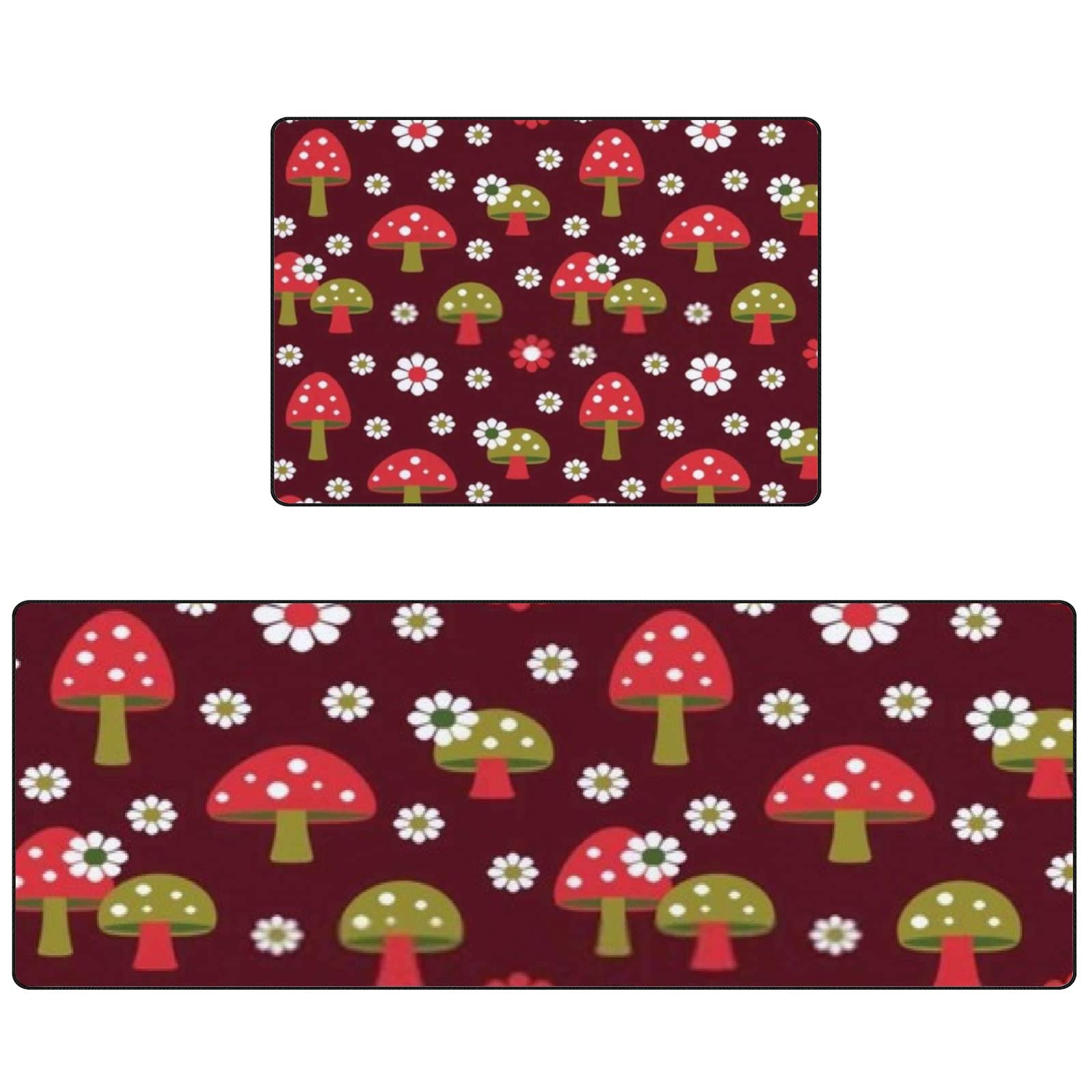 Kuizee Kitchen Mat Set of 2 Pieces Anti Fatigue Rugs Mushrooms Daisy Retro Dark Red Soft Water Absorbent Non-Slip Standing Mats Kitchen Decor Floor,17.7"x 29" +17.7"x58"