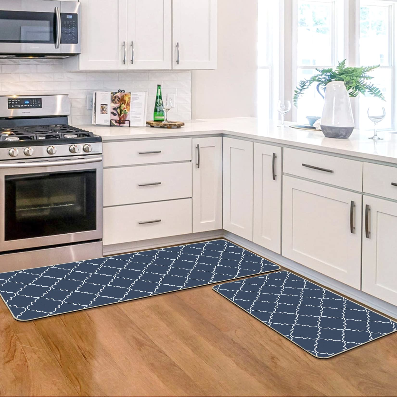 Artoid Mode Non-Slip Kitchen Mats Set of 2, Absorbent Washable Kitchen Mats and Rugs for Kitchen Floor Home, Office, Sink Blue - 17x29 and 17x47 Inch