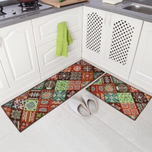 carvapet 2 piece non-slip kitchen mat runner rug set doormat vintage design baroque style (20"x59"+20"x31")