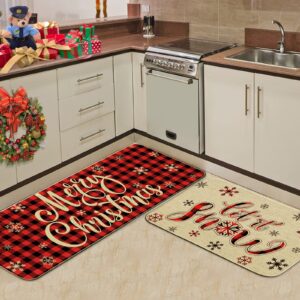 Merry Christmas Kitchen Rugs Set of 2 Black Red Buffalo Plaid Farmhouse Decorative Rubber Backing Xmas Holiday Floor Mat Anti-slip Let It Snow Decorations for Indoor Outdoor Home 17x28 and 17x47 Inch