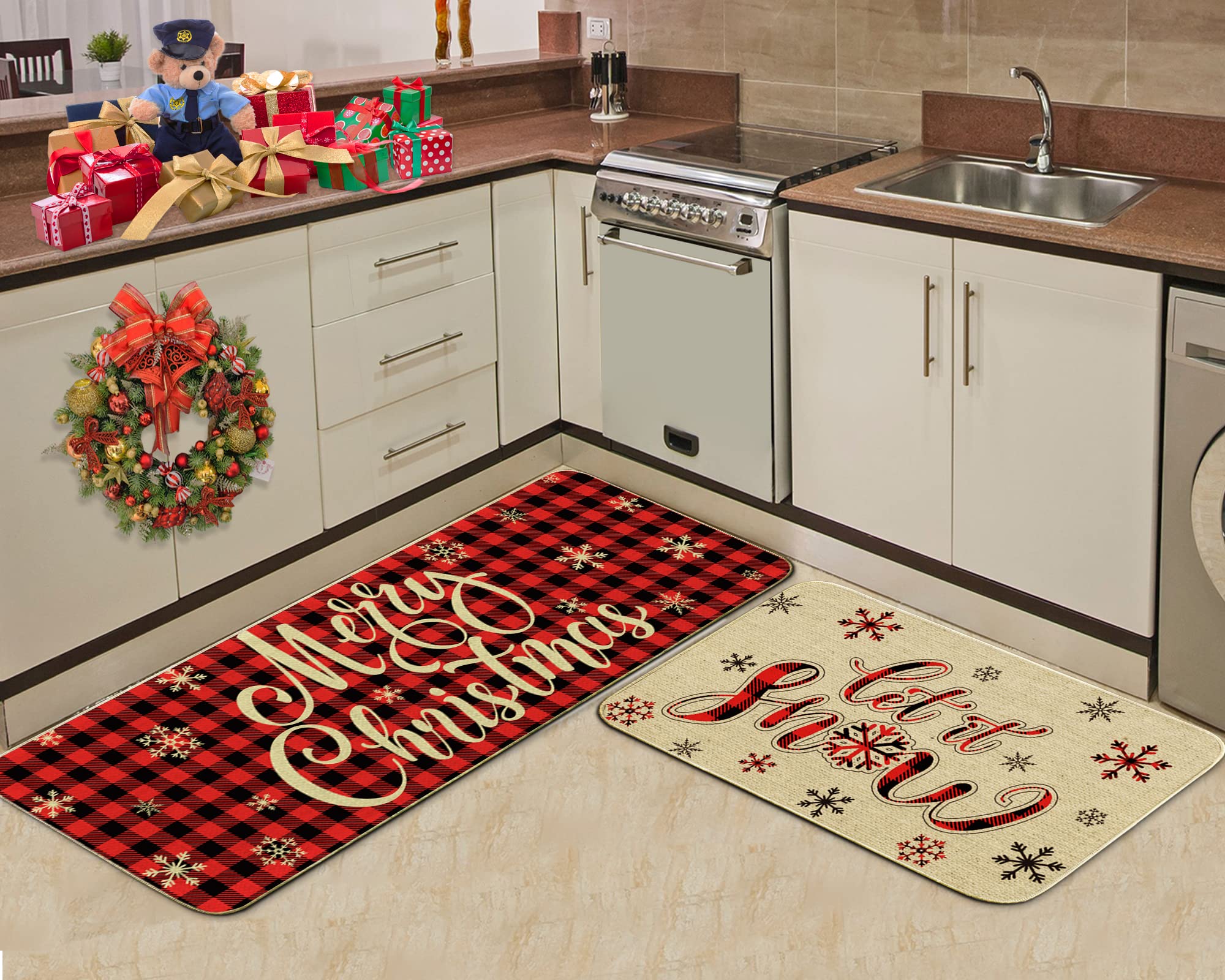 Merry Christmas Kitchen Rugs Set of 2 Black Red Buffalo Plaid Farmhouse Decorative Rubber Backing Xmas Holiday Floor Mat Anti-slip Let It Snow Decorations for Indoor Outdoor Home 17x28 and 17x47 Inch