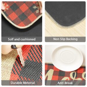 Merry Christmas Kitchen Rugs Set of 2 Black Red Buffalo Plaid Farmhouse Decorative Rubber Backing Xmas Holiday Floor Mat Anti-slip Let It Snow Decorations for Indoor Outdoor Home 17x28 and 17x47 Inch