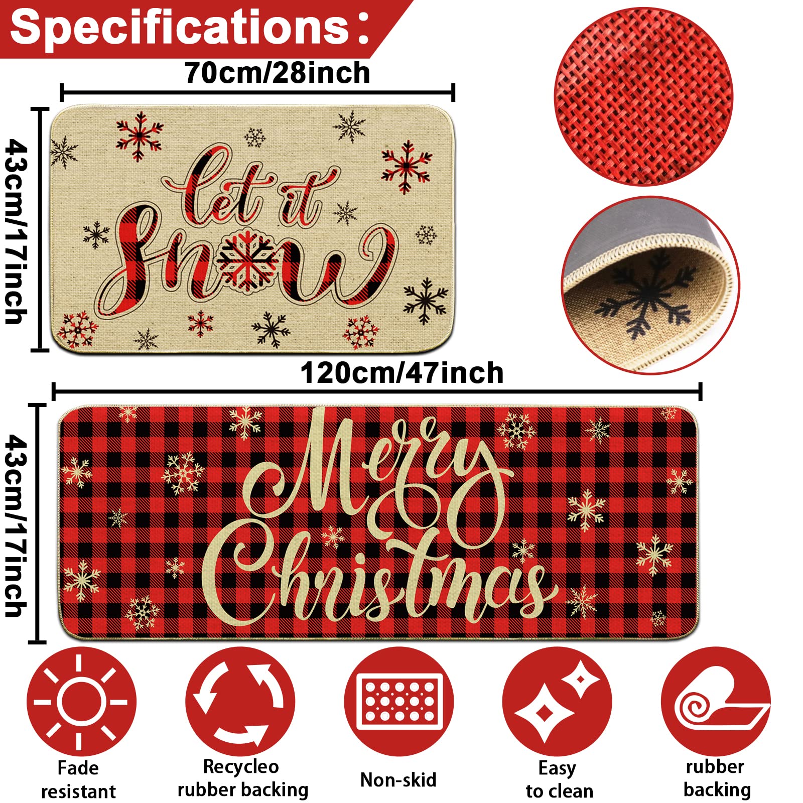 Merry Christmas Kitchen Rugs Set of 2 Black Red Buffalo Plaid Farmhouse Decorative Rubber Backing Xmas Holiday Floor Mat Anti-slip Let It Snow Decorations for Indoor Outdoor Home 17x28 and 17x47 Inch