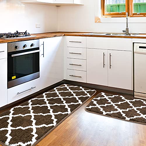 DELXO Kitchen Mat Kitchen Rug Set [2 PCS] - Perfect for Kitchen, Bathroom, Living Room, Soft, Absorbent Microfiber Material, Non-Slip, Easy Clean Machine Washable Floor Runner - 20"X30"+20"X63", Brown