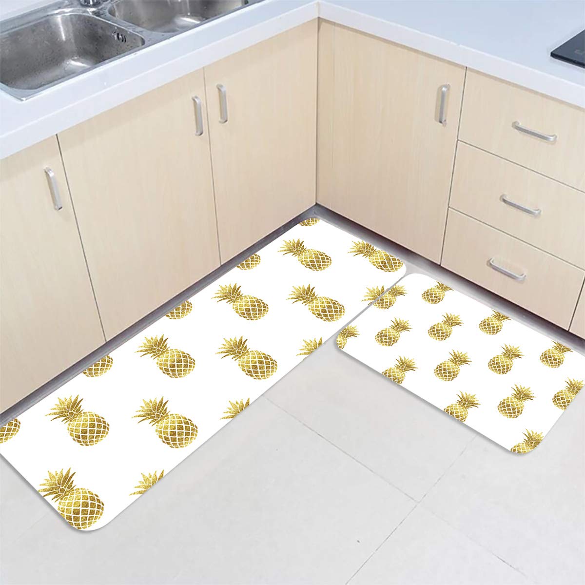 Kitchen Mat Set of 2, Gold Fruit Pineapple Filling Non Slip Kitchen Rugs and Mats for Floor, White Absorbent Bath Runner Rug Set Washable Floor Mats for Home Entrance/Kitchen Sink/Bathroom Tub