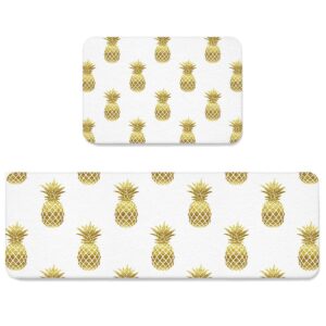 Kitchen Mat Set of 2, Gold Fruit Pineapple Filling Non Slip Kitchen Rugs and Mats for Floor, White Absorbent Bath Runner Rug Set Washable Floor Mats for Home Entrance/Kitchen Sink/Bathroom Tub