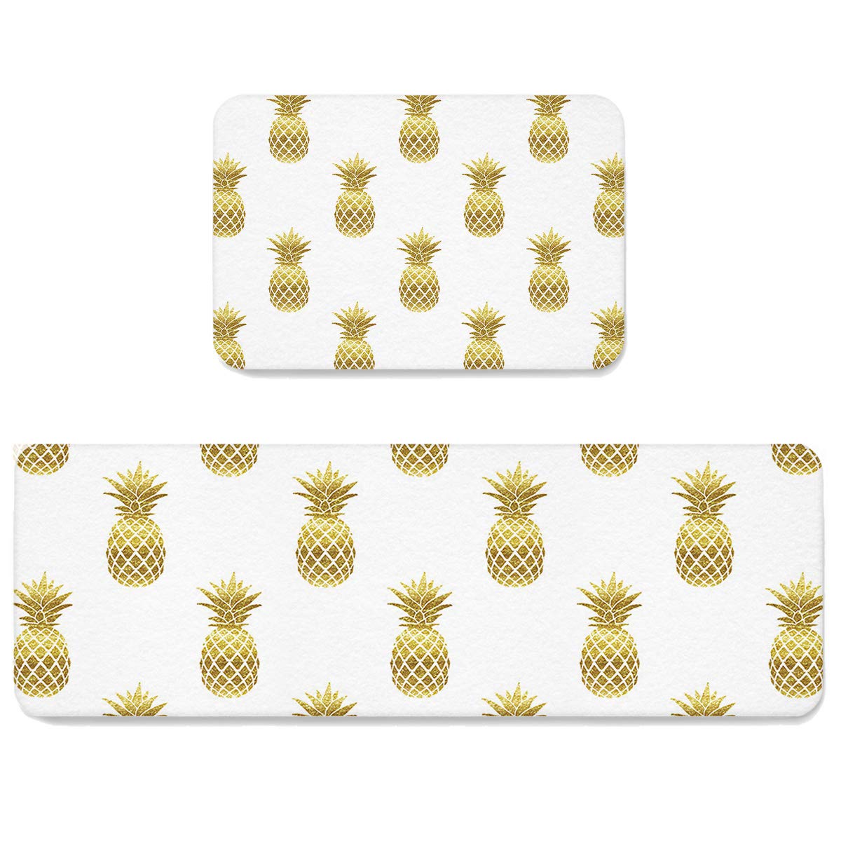 Kitchen Mat Set of 2, Gold Fruit Pineapple Filling Non Slip Kitchen Rugs and Mats for Floor, White Absorbent Bath Runner Rug Set Washable Floor Mats for Home Entrance/Kitchen Sink/Bathroom Tub