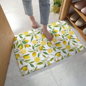 onehoney super cozy shag bath rug doormat,summer lemon fruits flowers leaves washable microfiber plush floor mat, absorbent floor mats with non slip backing for bathroom kitchen bedroom green floral