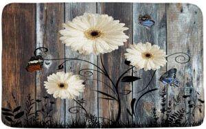 rustic daisy bath mat retro floral flower butterfly blue grey wooden board farmhouse barnwood vintage american country bathroom mat rug memory foam carpet doormat 24"x16"