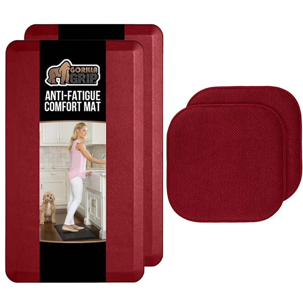 Gorilla Grip Antifatigue Mat Set of 2 and Chair Pads Set of 2, Antifatigue Mats Size 17x59 and 17x29, Supportive Memory Foam, Chair Cushion Size 16x16, Microfiber, Both in Red, 2 Item Bundle