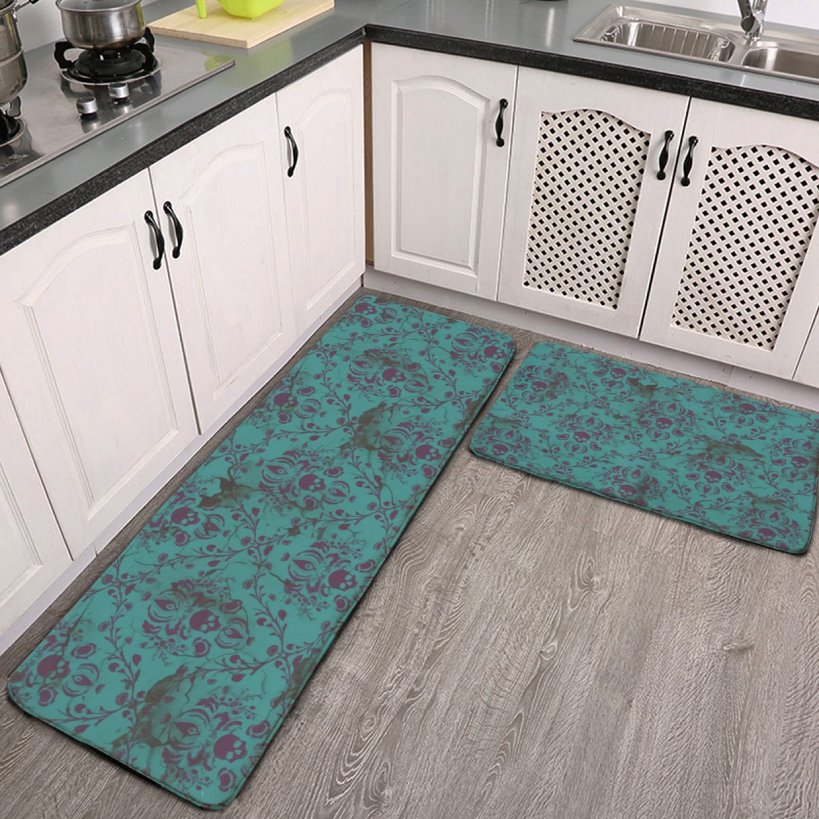 YouTary Damask Skull Distressed Pattern Kitchen Rug Set 2 PCS Floor Mats Washable Non-Slip Soft Flannel Runner Rug Doormat Carpet for Floor Home Bathroom, 17" x 47"+17" x 24"-M