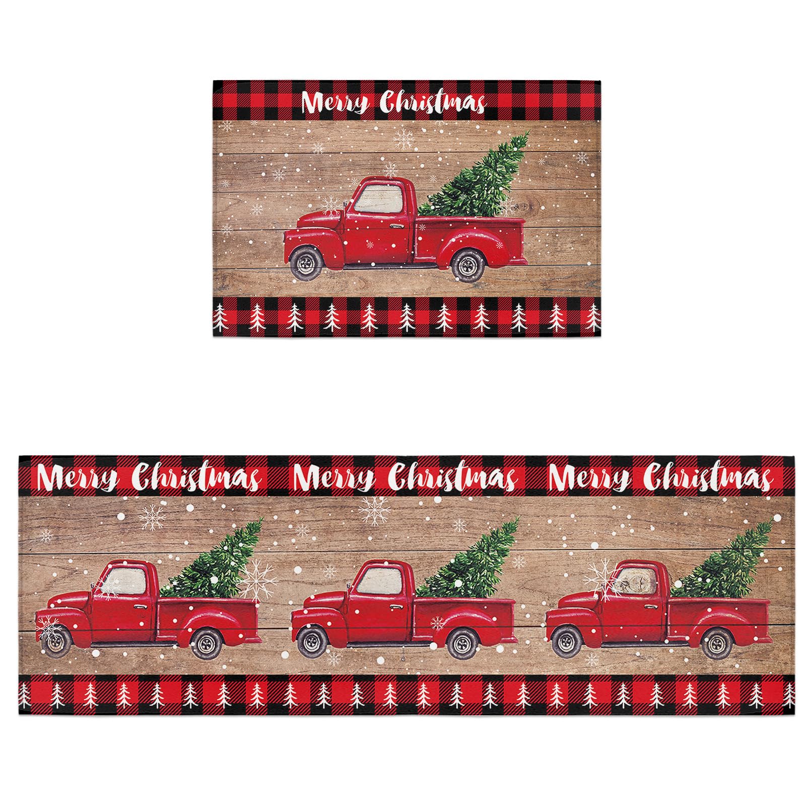 LooPoP Kitchen Rugs and Mats Sets of 2 Merry Christmas Non-Slip Rubber Backing Area Rugs Washable Runner Carpets for Floor, Kitchen Rustic Red Truck with Xmas Tree Snowflakes 15.7x23.6+15.7x47.2inch