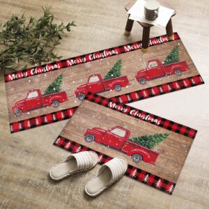 LooPoP Kitchen Rugs and Mats Sets of 2 Merry Christmas Non-Slip Rubber Backing Area Rugs Washable Runner Carpets for Floor, Kitchen Rustic Red Truck with Xmas Tree Snowflakes 15.7x23.6+15.7x47.2inch