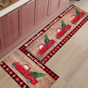 LooPoP Kitchen Rugs and Mats Sets of 2 Merry Christmas Non-Slip Rubber Backing Area Rugs Washable Runner Carpets for Floor, Kitchen Rustic Red Truck with Xmas Tree Snowflakes 15.7x23.6+15.7x47.2inch