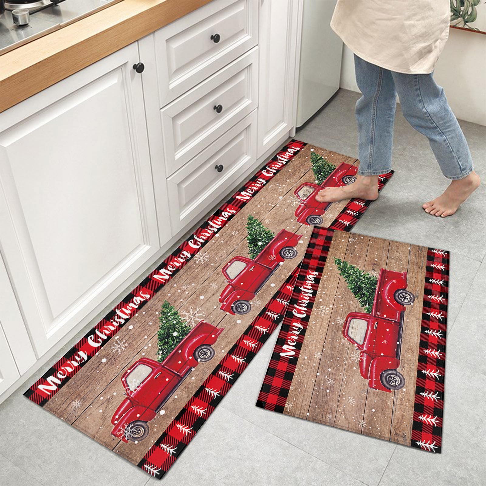 LooPoP Kitchen Rugs and Mats Sets of 2 Merry Christmas Non-Slip Rubber Backing Area Rugs Washable Runner Carpets for Floor, Kitchen Rustic Red Truck with Xmas Tree Snowflakes 15.7x23.6+15.7x47.2inch