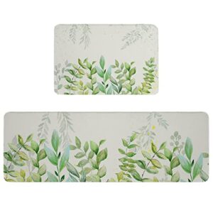 2 pcs cushioned antifatigue kitchen mats and rugs, summer leaves absorbent floor bath door mat non-slip doormat accent runner carpet washable indoor comfort standing mat watercolor green plant leaf