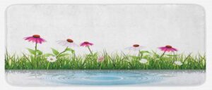 ambesonne flower kitchen mat, coneflower by the lake water sea fall season hand drawn horizontal hand drawn print, plush decorative kitchen mat with non slip backing, 47" x 19", green magenta