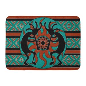 teal southwestern kokopelli southwest design bath mat, native american indian flute bathroom rugs soft bath rugs non slip, washable floor rug floor mat home decor for kitchen bedroom(16x24)